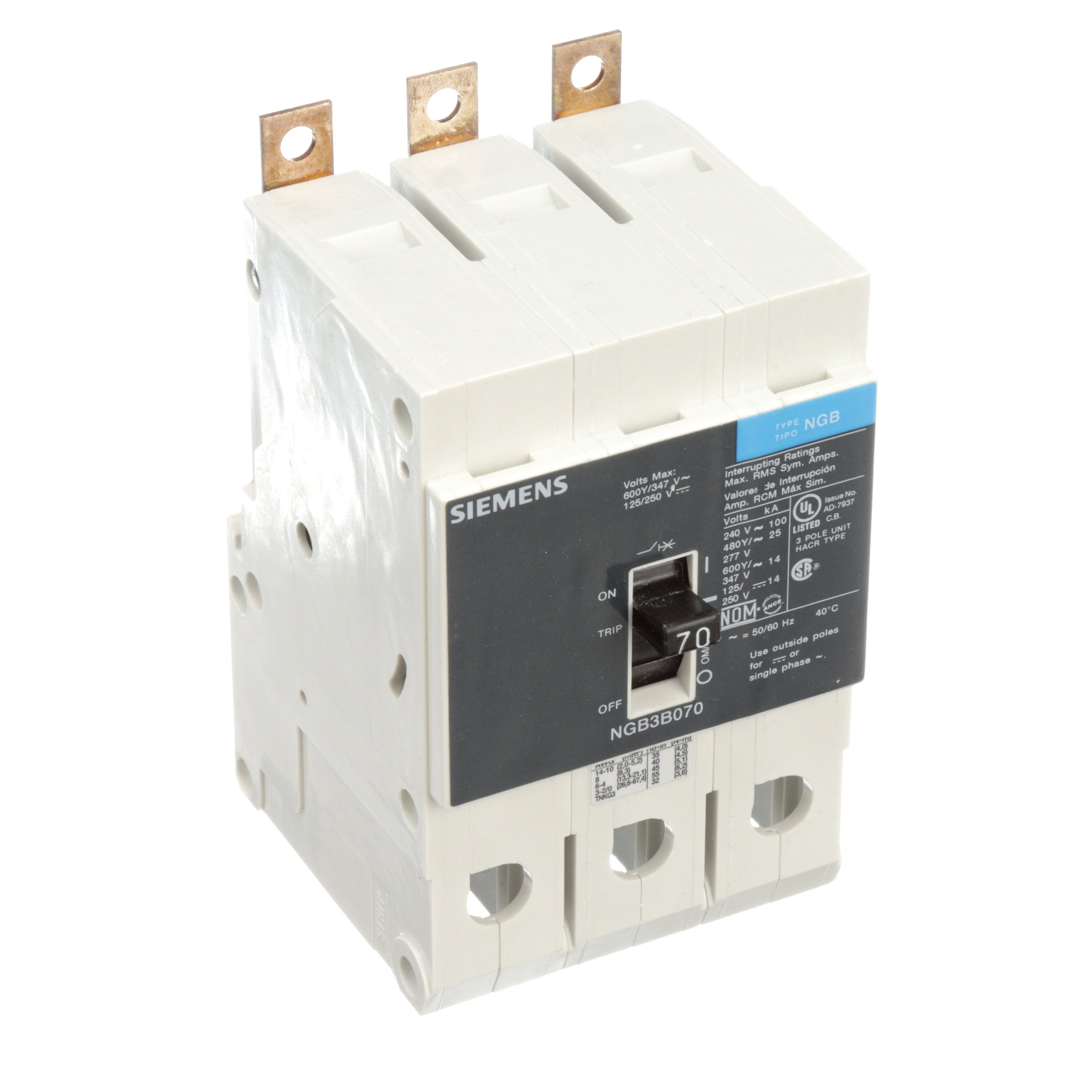 NGB3B070B - Siemens 70 Amp 600 Volt 3 Pole Molded Case Circuit Breaker ...