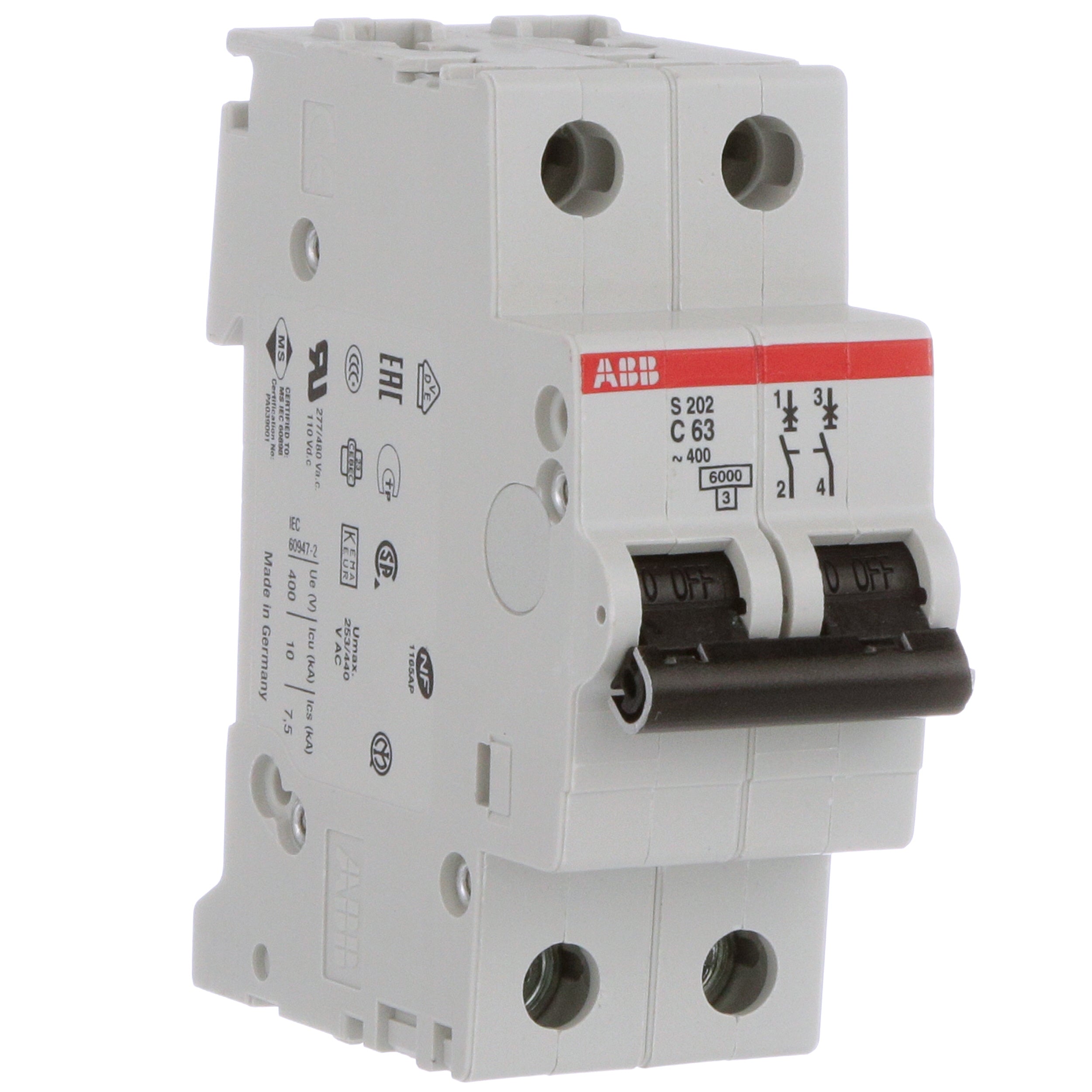 S202-C63 - ABB 63A 2 Pole 480V Miniature Circuit Breaker C Curve 6kA ...