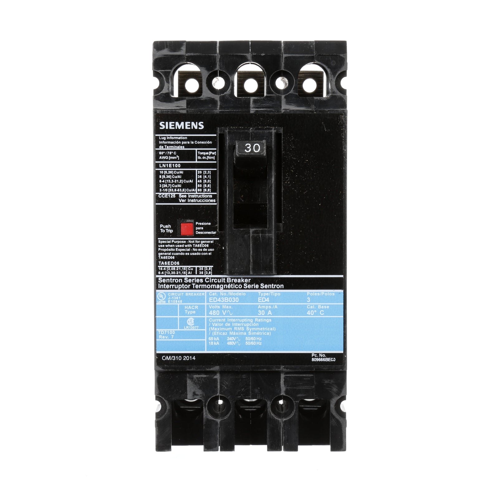ED43B030 - Siemens 30A 3-Pole 480V Molded Case Circuit Breaker ED Frame ...