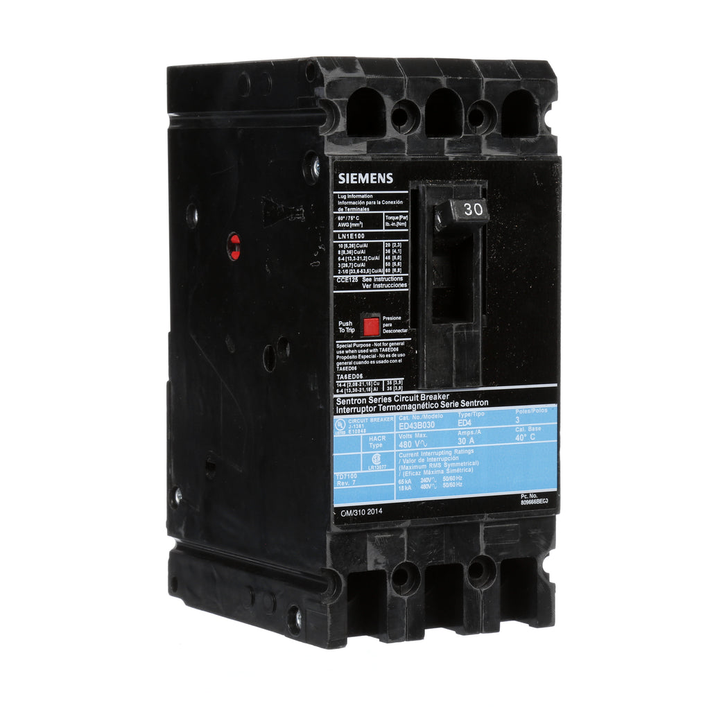ED43B030 - Siemens 30A 3-Pole 480V Molded Case Circuit Breaker ED Frame ...