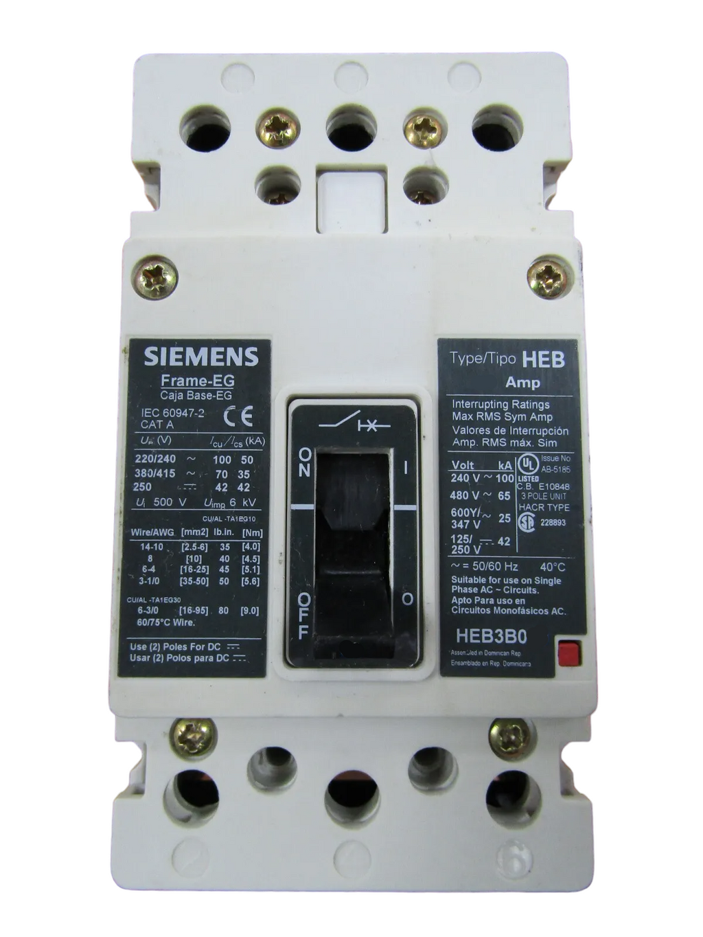 HEB3B125B - Siemens 125A 3-Pole 600V Bolt-On Molded Case Circuit ...