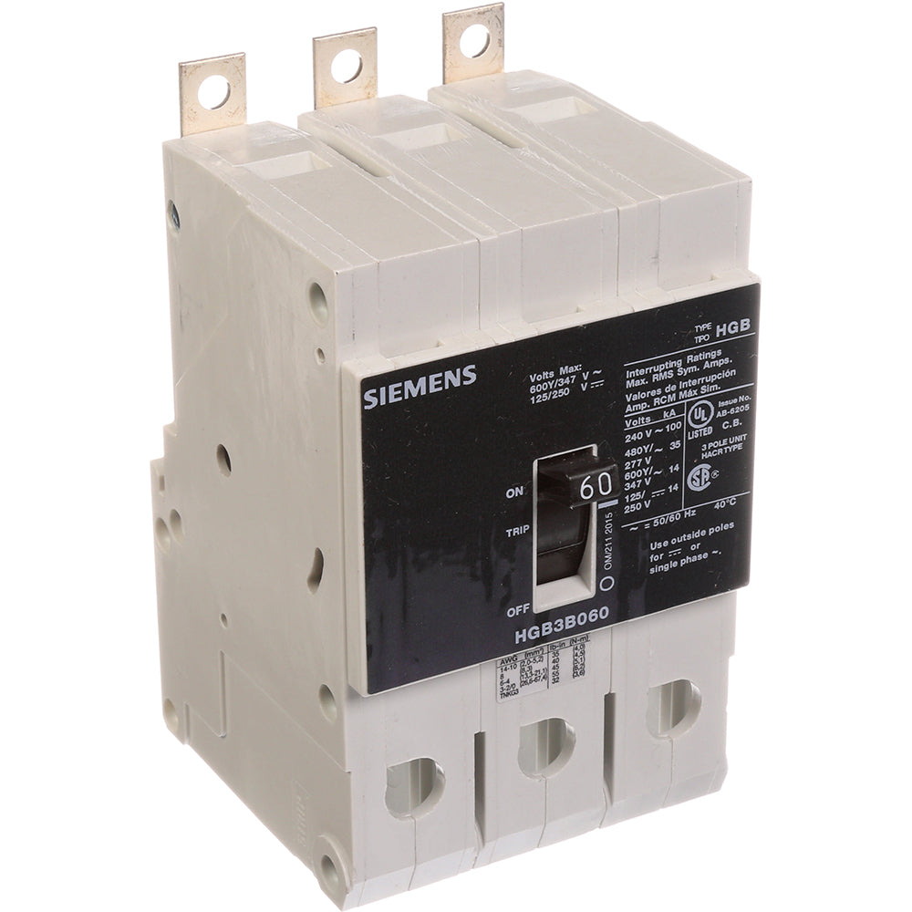 HGB3B060B - Siemens 60 Amp 600 Volt 3 Pole Molded Case Circuit Breaker ...