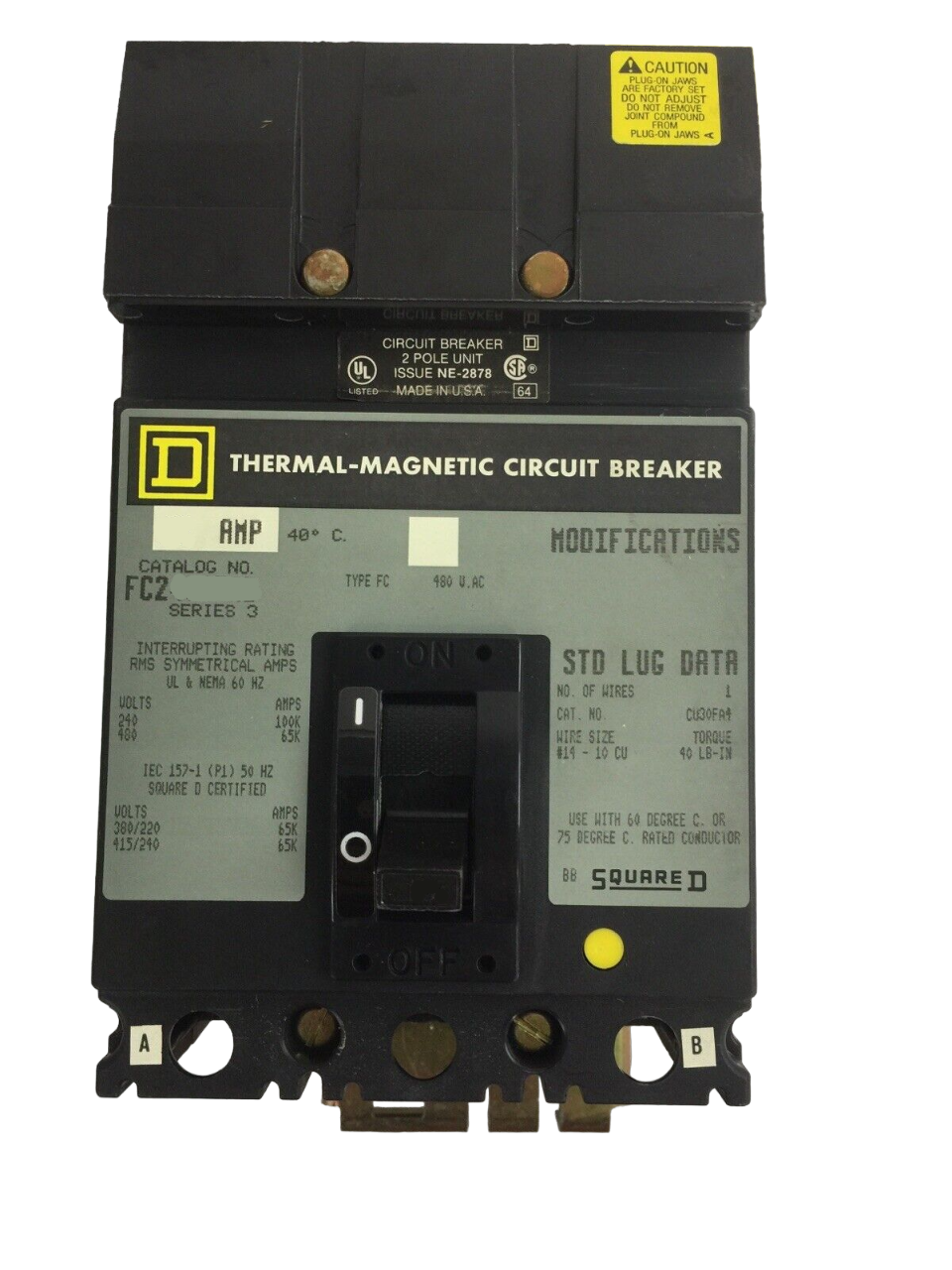 FC34020 - Square D 20 Amp 3 Pole 480VAC I-Line Plug-In Circuit Breaker ...