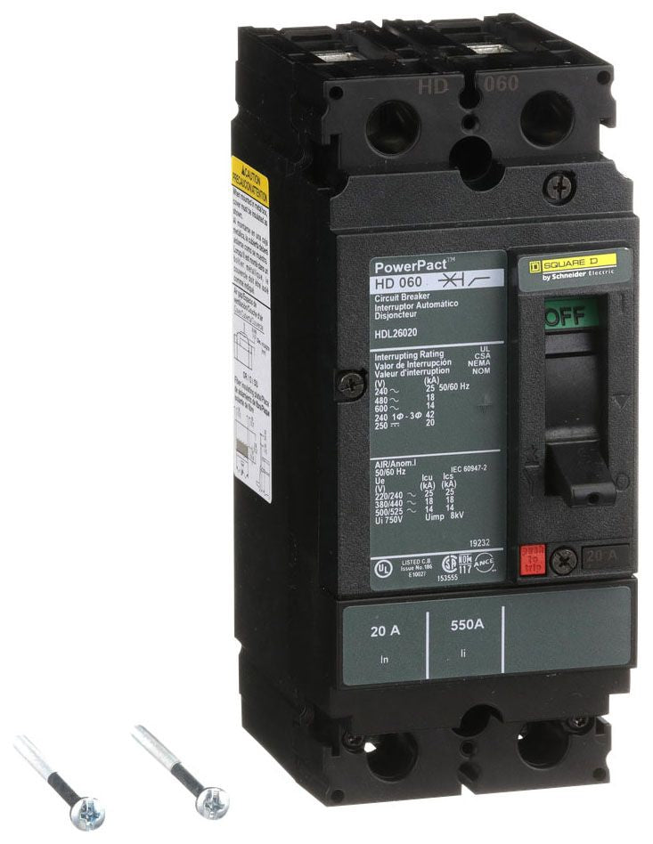 HDL26020 - Square D 20A 2 Pole 600VAC Thermal Magnetic Circuit Breaker ...