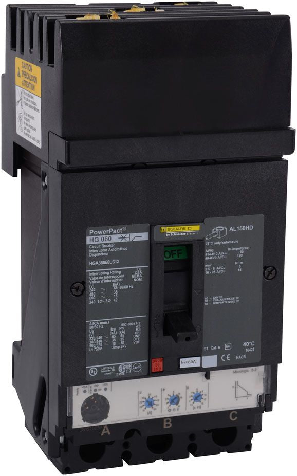 Square D HGA36060U31X 60A 3-Pole Circuit Breaker 600V Plug-In ...